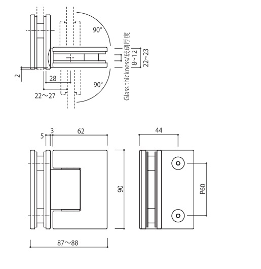 Glass Hinge / Glass to Glass 90 | Products | Interior Hardware | KAWAJUN Hong Kong Limited